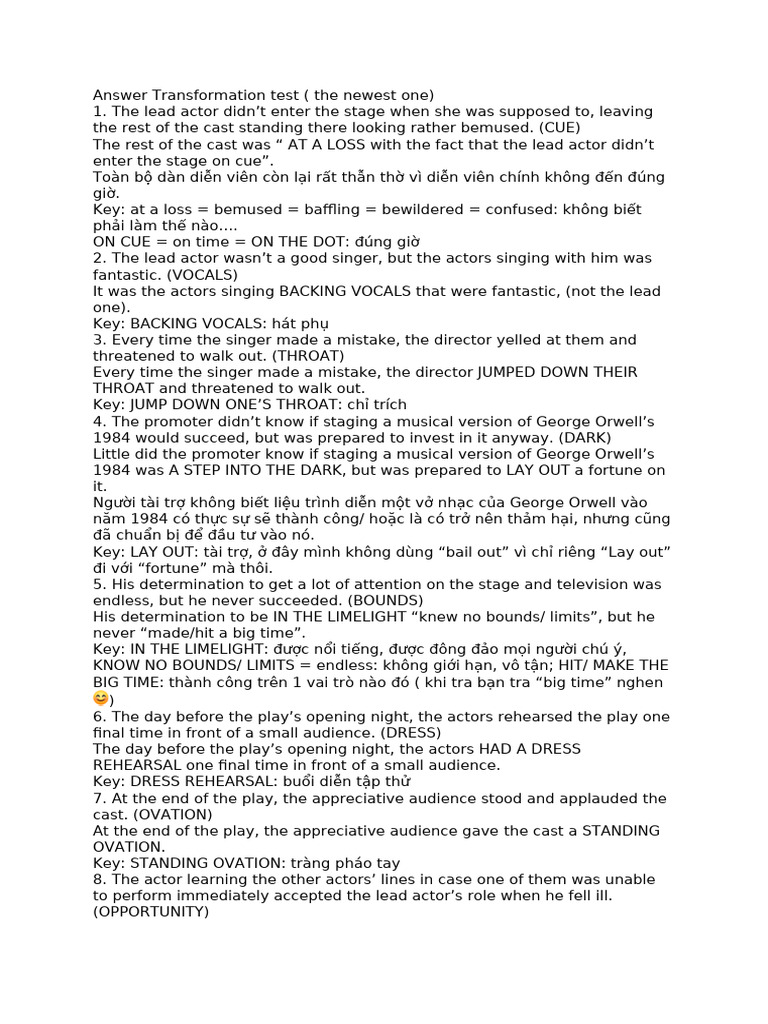 Theatre Performance Vocabulary Test | PDF