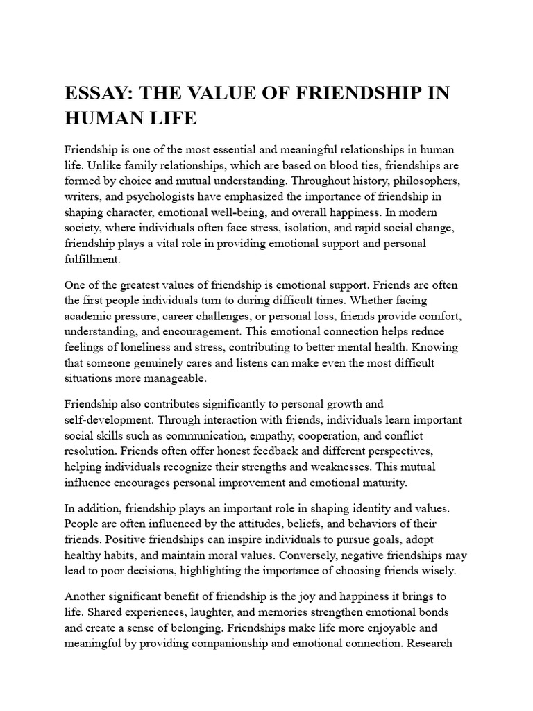 Essay_ the Value of Friendship in Human Life | PDF | Friendship | Well ...