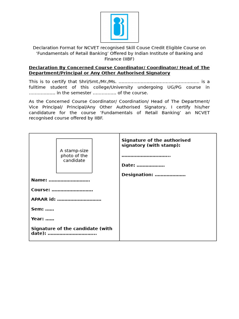 NCVET Declaration for Retail Banking Course | PDF