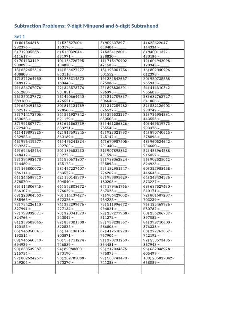 Subtraction 9digit by 6digit 10sets 100items | PDF | Subtraction ...
