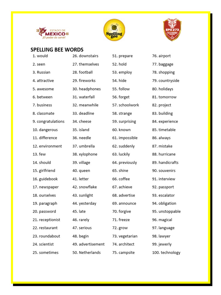 Spelling Bee Word List 1-100 | PDF