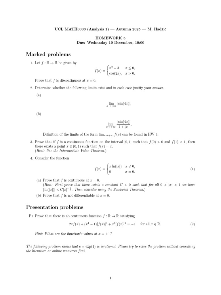 UCL MATH0003 Homework 5 Analysis 1 | PDF | Function (Mathematics ...