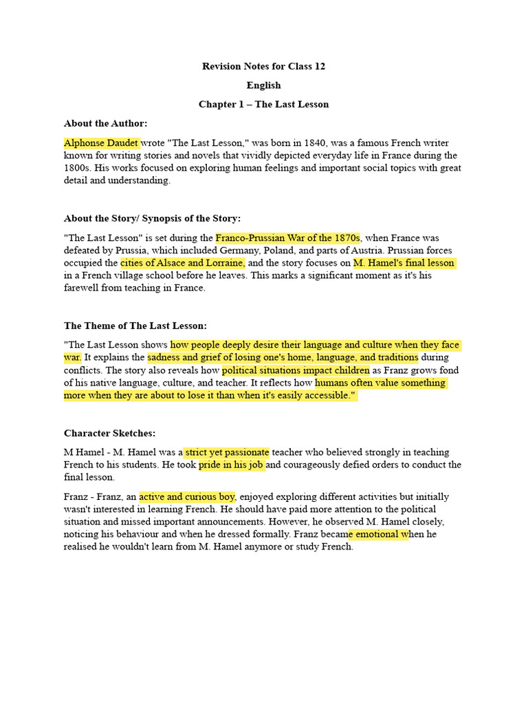 Notes for Class 12 (Ch - 1-3) - Flamingo | PDF | Courage | Fear