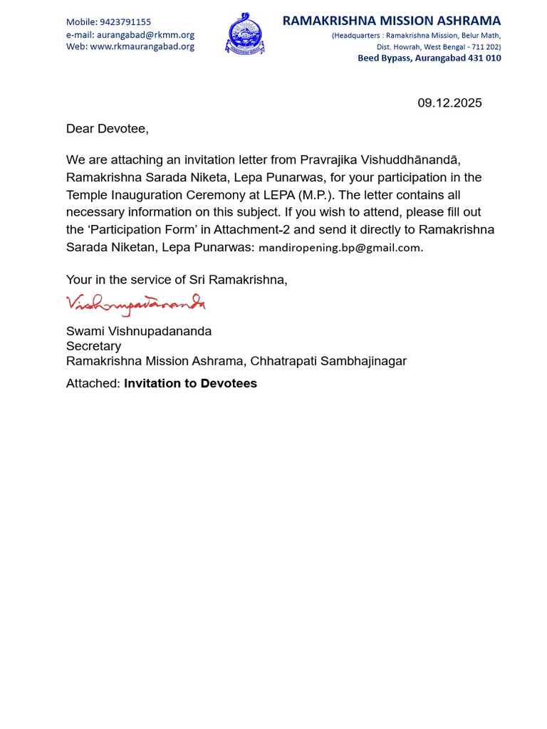 Temple Inauguration Ceremony at Lepa | PDF | Ramakrishna Mission ...