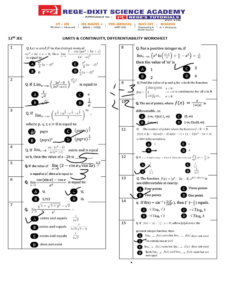 JEE 12th Limits & Continuity Worksheet | PDF