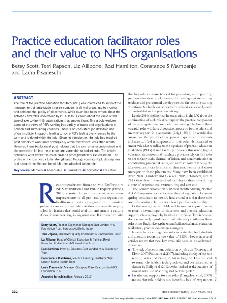 Scott Et Al 2017 Practice Education Facilitator Roles and Their Value ...