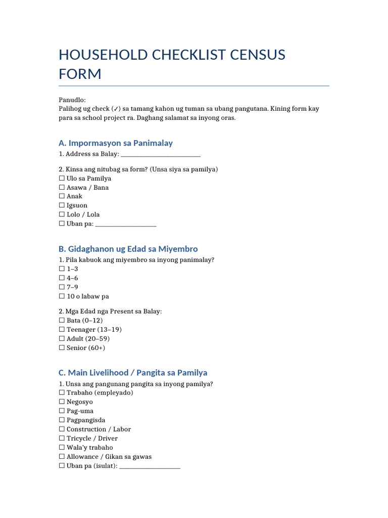 Household Checklist Census Form | PDF