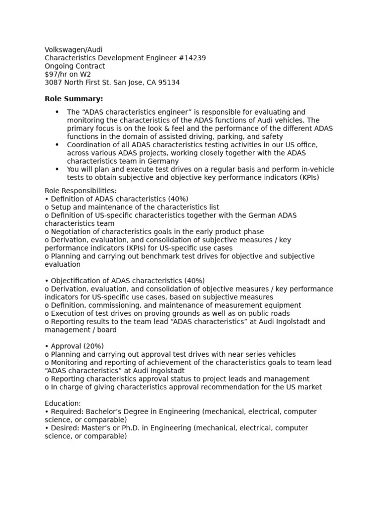 Volkswagen - ADAS Characteristics Development Engineer #14239 | PDF