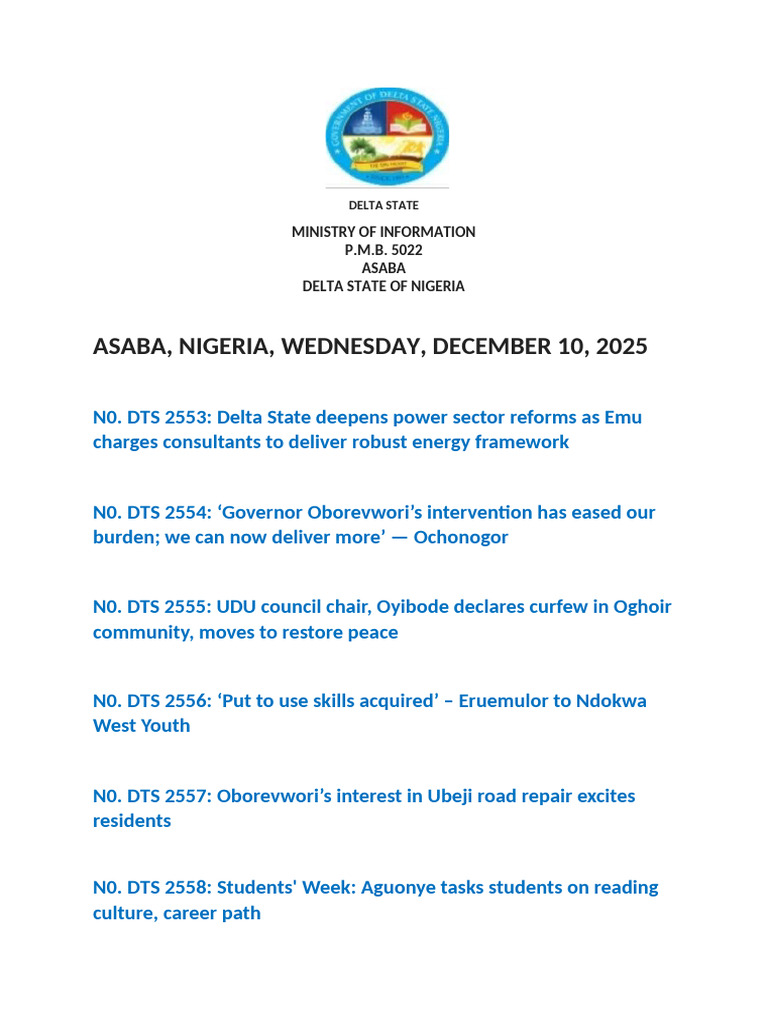 Delta State News Bulletin, Wednesday, December 10, 2025 | PDF