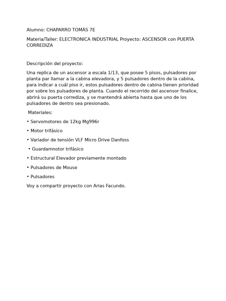 Proyecto de Ascensor a Escala 1/13 | PDF