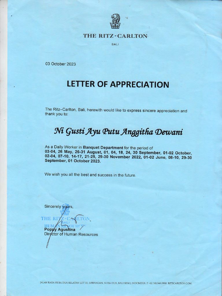 Letter of Appreciation Ni Gusti Ayu Putu Anggitha | PDF