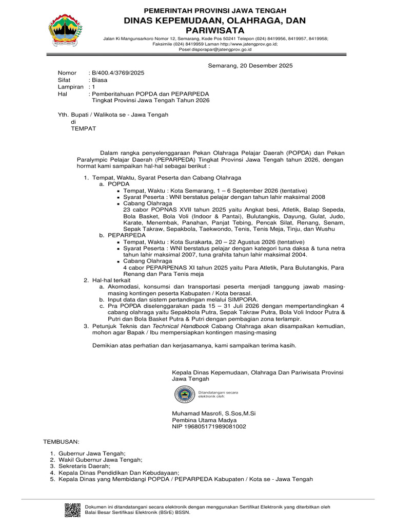 POPDA dan PEPARPEDA 2026 Jawa Tengah | PDF