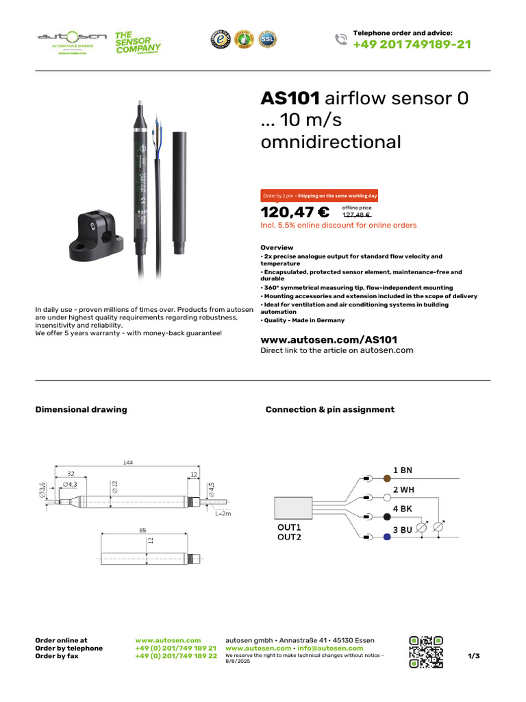 Airflow Sensor 0 ... 10 M_s Omnidirectional-AS101 | PDF | Electrical ...