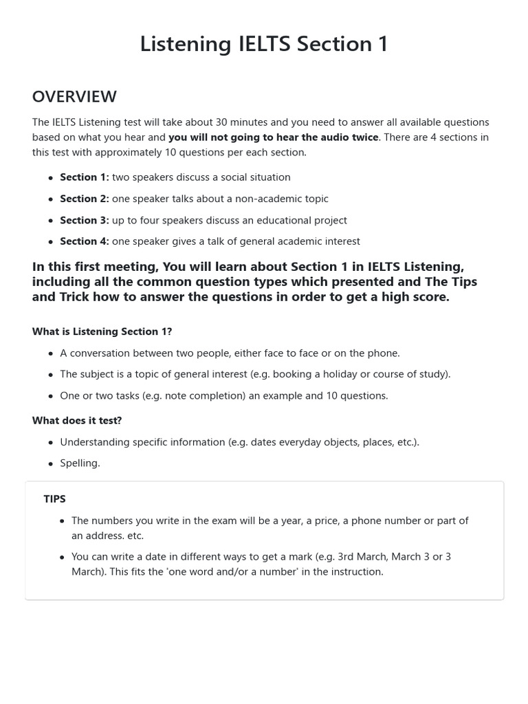 IELTS Listening Section 1 Guide | PDF | International English Language ...
