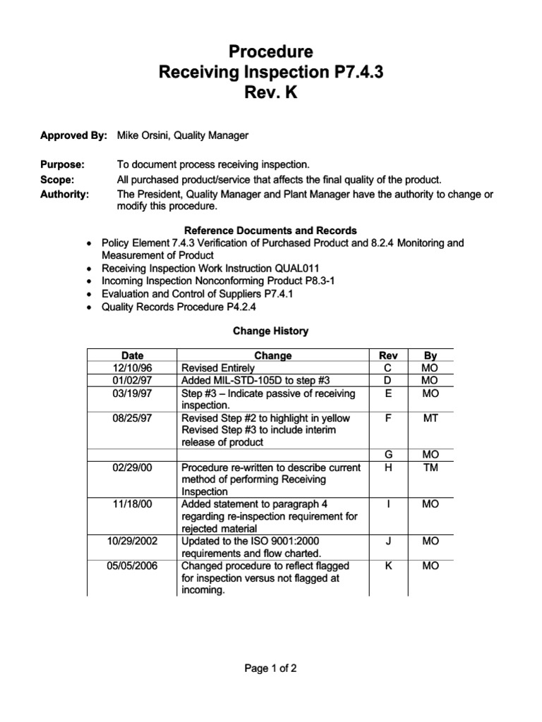 Receiving Inspection Procedure P7.4.3 | PDF
