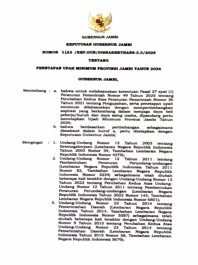 Upah Minimum Provinsi Jambi 2026 | PDF