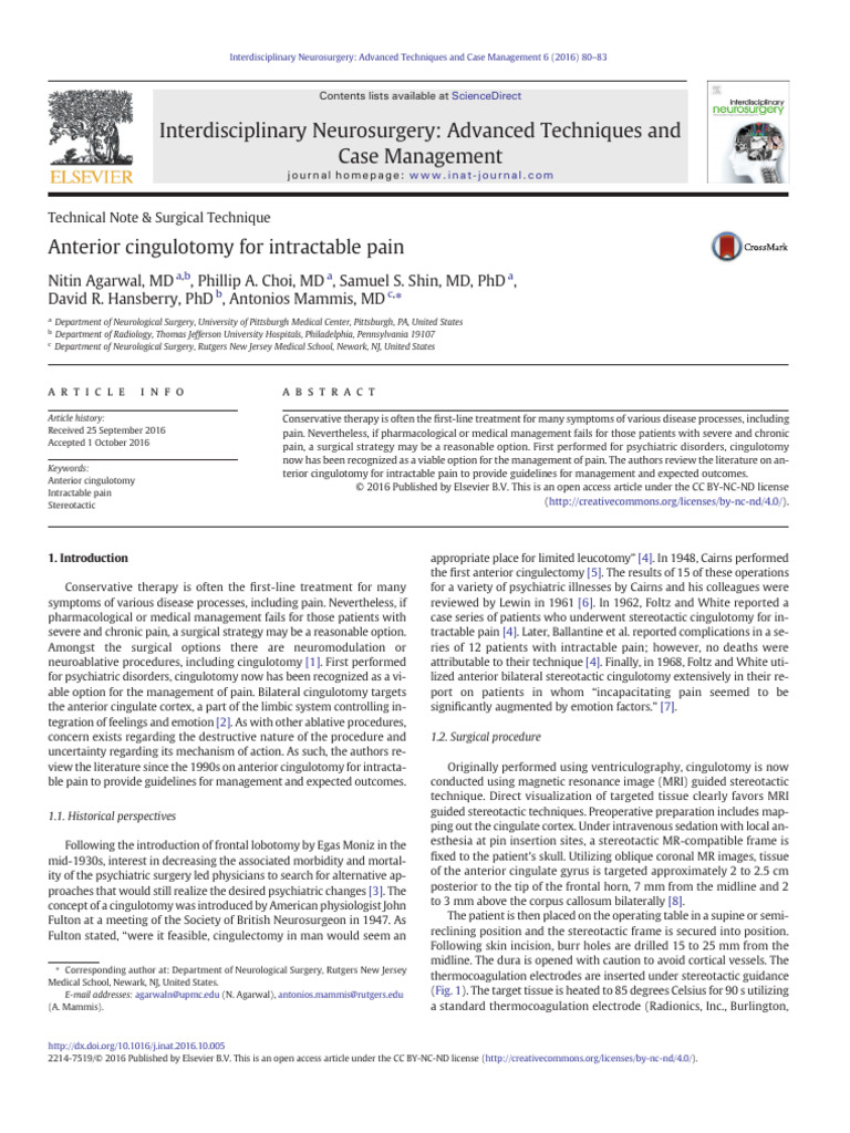 Anterior Cingulotomy for Intractable Pain | PDF | Nervous System | Medicine