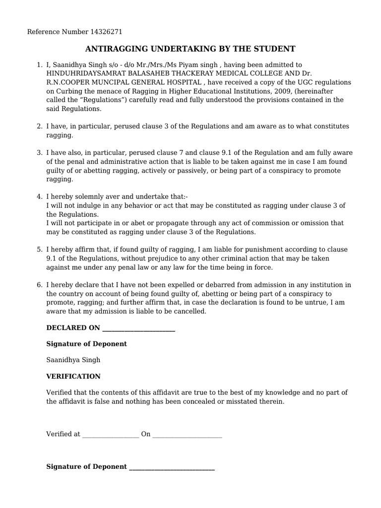 Anti Ragging Affidavit Form | PDF | Affidavit