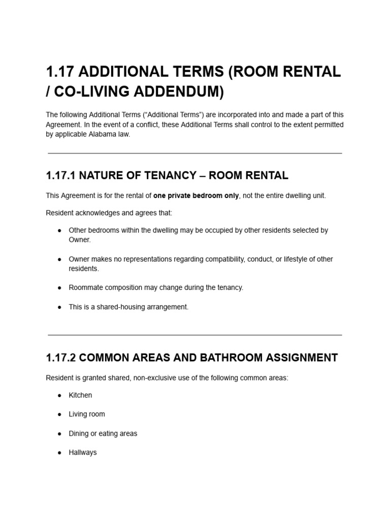 Additional Terms (Room Rental - Co-Living Addendum) | PDF | Lease ...