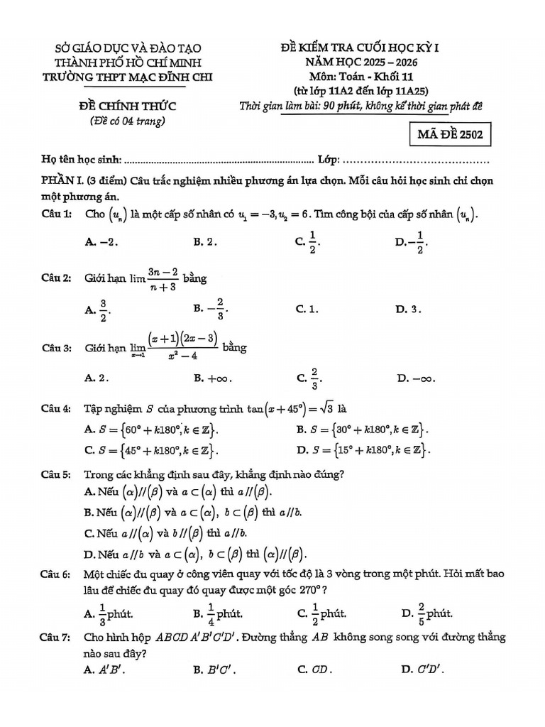 De Cuoi Hoc Ky 1 Toan 11 Nam 2025 2026 Truong Thpt Mac Dinh Chi Tp Hcm ...