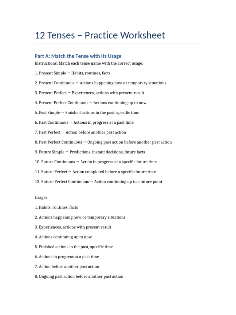 12 Tenses Worksheet Completed | PDF | Perfect (Grammar) | Verb