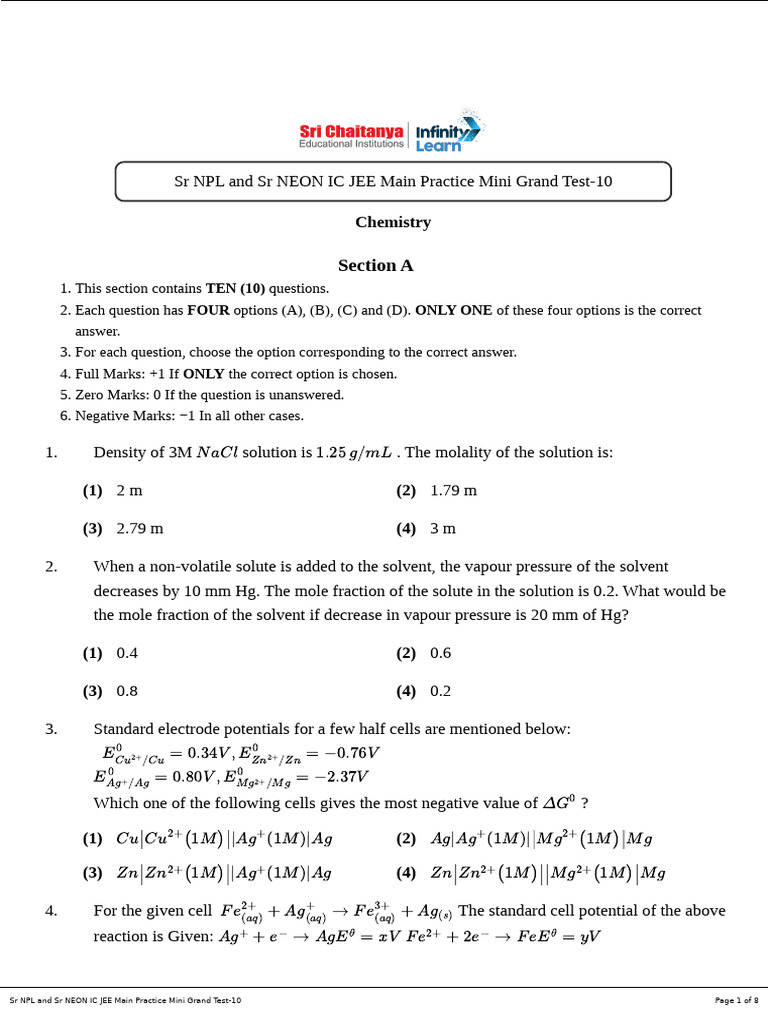 Sr NPL and Sr NEON IC JEE Main Practice Mini Grand Test-10 Qp | PDF ...