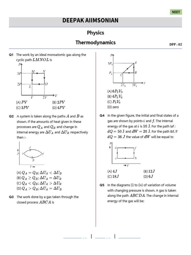 Thermodynamics - Physics Chapterwise Test (1) | PDF | Gases | Quantity