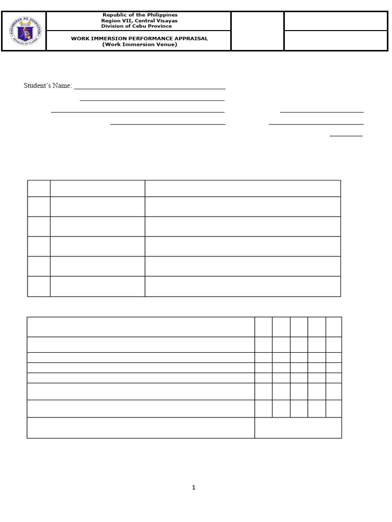 Work Immersion Evaluation and Rating Sheet | PDF | Performance Appraisal | Judgment (Law)