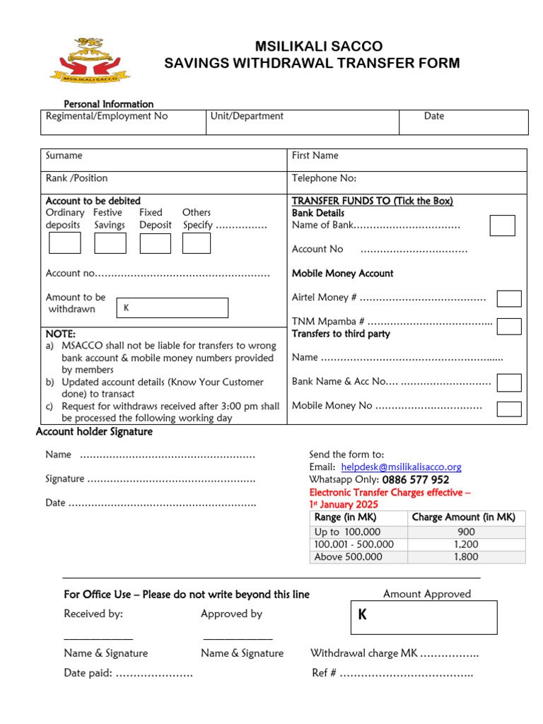 Msililkali Sacco - Savings Withdrawal Transfer Form 2025 - NEW-1 | PDF ...