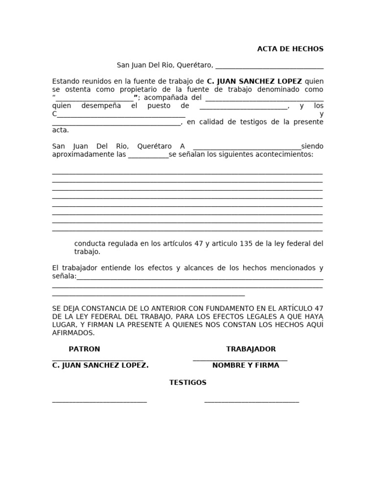 Acta de Hechos Laborales en Querétaro | PDF