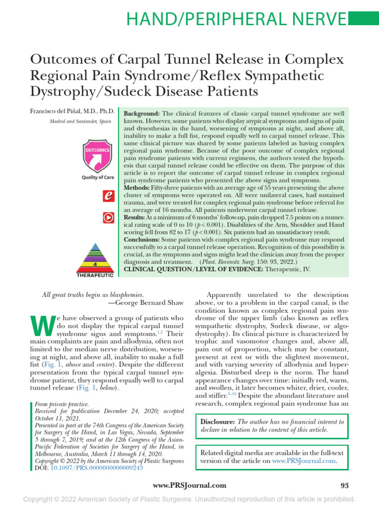 Outcomes of Carpal Tunnel Release in Complex Regional Pain Syndrome ...