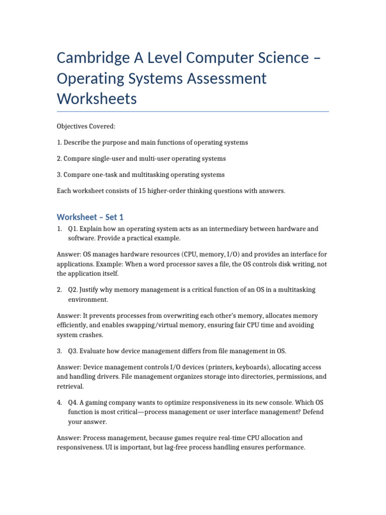 Operating Systems Assessment Worksheets | PDF | Operating System ...