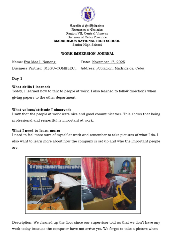 Work Immersion Journal: Day 1 Insights | PDF