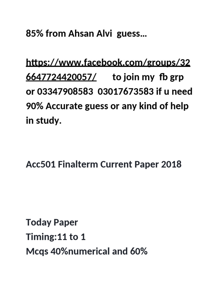 Acc501 Finalterm Current Paper 2018 by Ahsan Alvi Ibn E Ali (A.s) | PDF