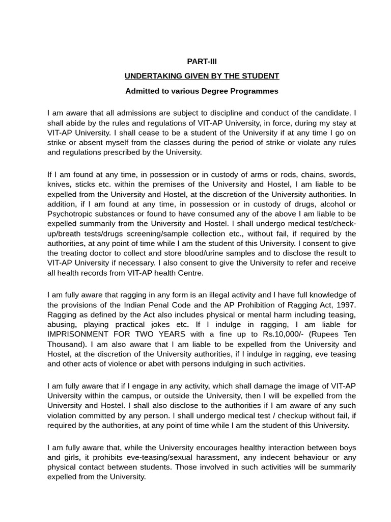 Undertaking by Student | PDF | Justice | Crime & Violence
