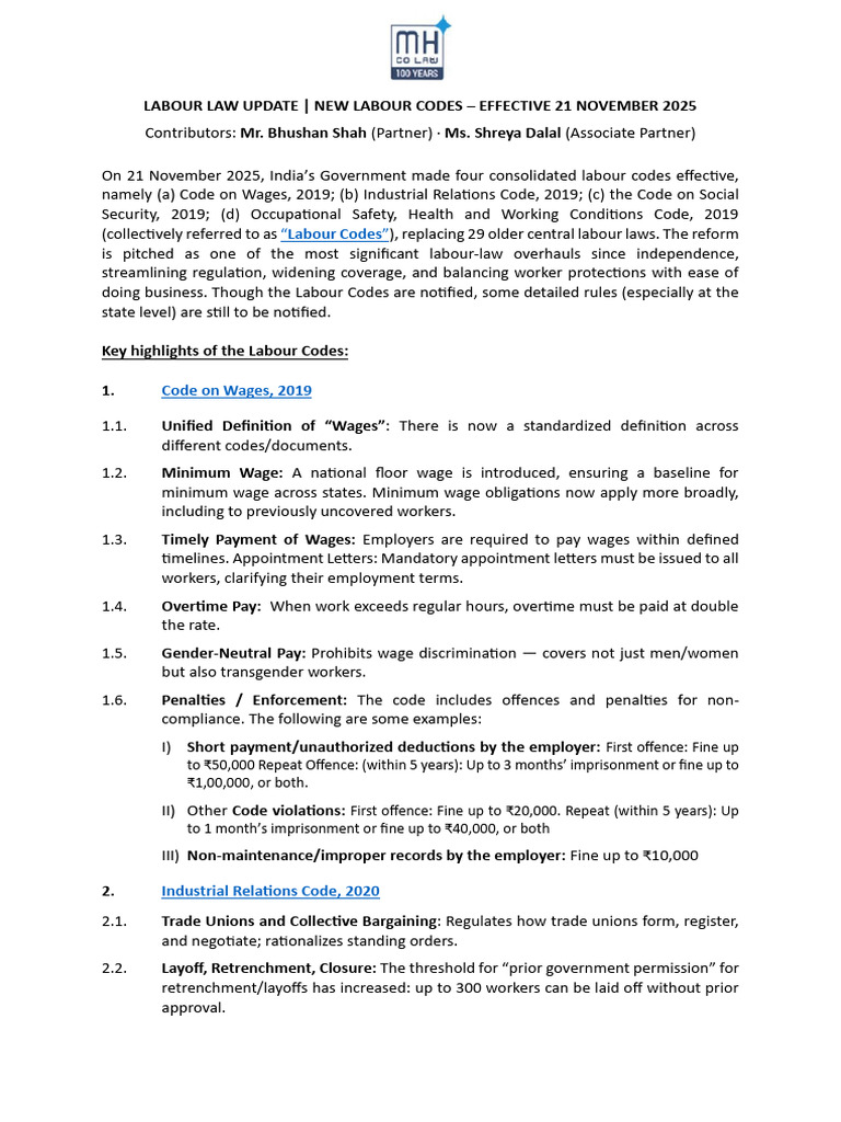 India Labour Codes Effective Nov 2025 | PDF | Employment | Labour Law
