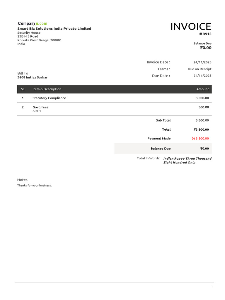 Invoice: Smart Biz Solutions India Private Limited # 3912 | PDF