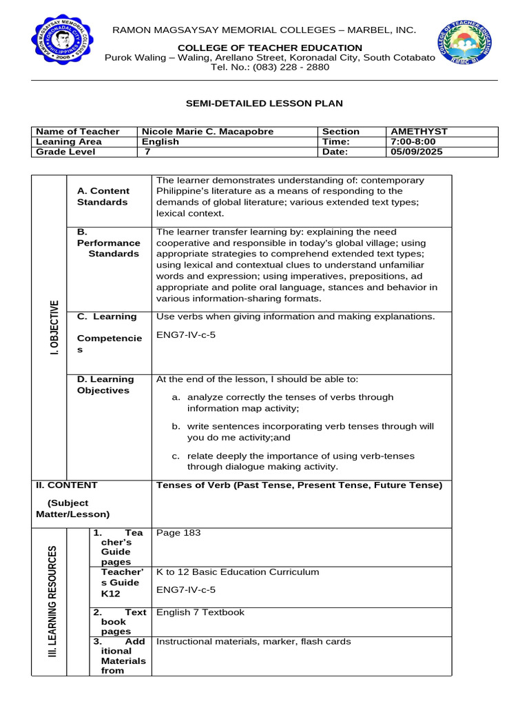 Grammar Lesson Plan | PDF | Grammatical Tense | Verb