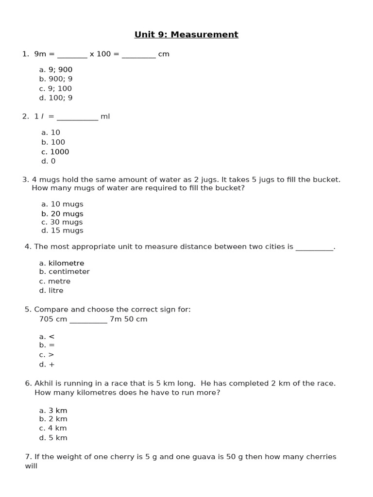 Measurement Quiz and Answer Key | PDF | Litre | Quantity