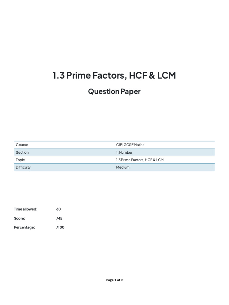 1.3 Prime Factors, HCF & LCM Medium | PDF | Mathematics | Discrete ...