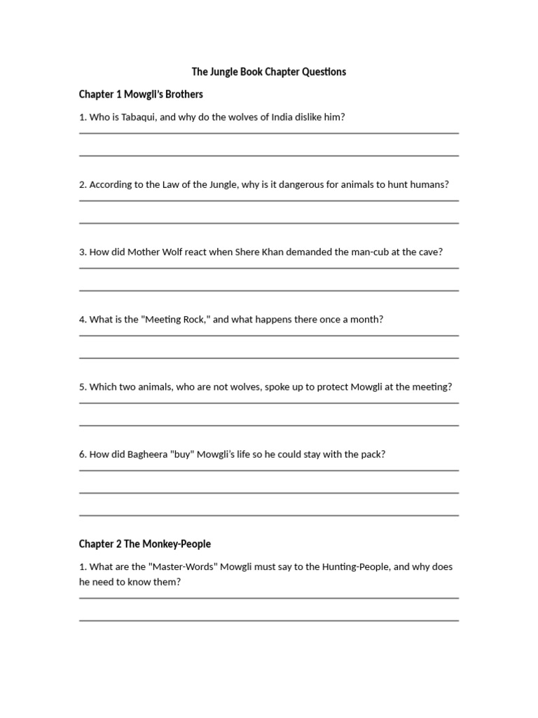 Jungle Book Chapter Questions Guide | PDF | Bagheera | Kaa