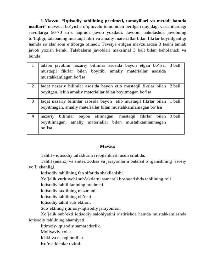 1-Mavzu. “Iqtisodiy Tahlilning Predmeti,Tamoyillari Va Metodi Hamda ...
