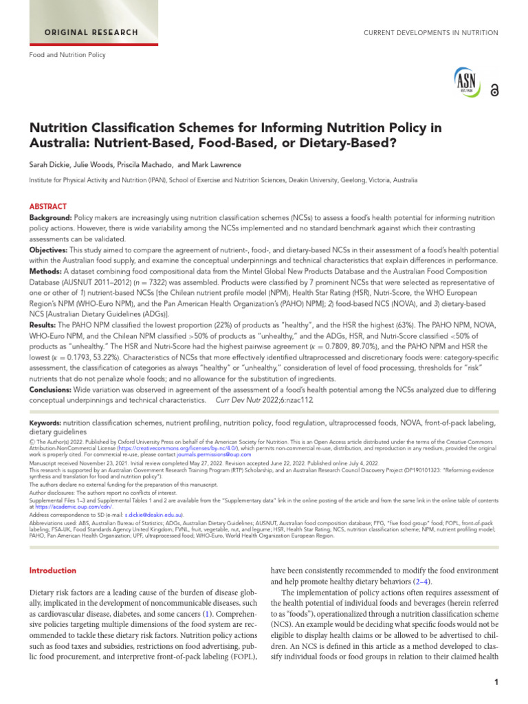 Nutrition Classification Schemes for Informing Nutrition Policy in ...
