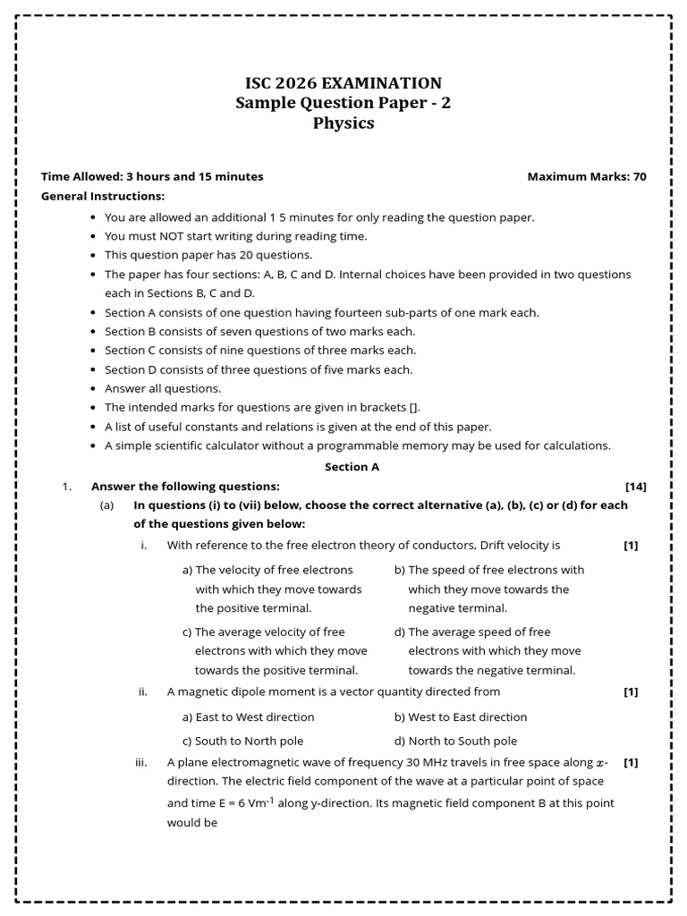 ISC 2026 Physics Sample Question Paper | PDF | Inductor | Electrical ...