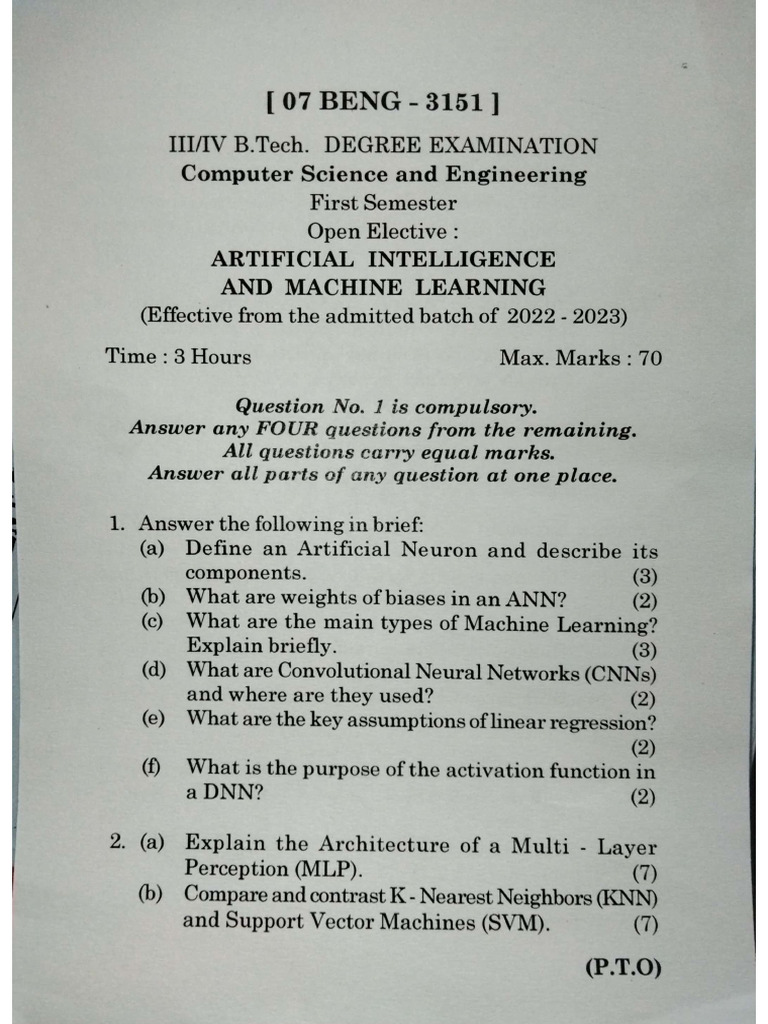 Aiml Previous Year Sem Question Paper 2024 | PDF