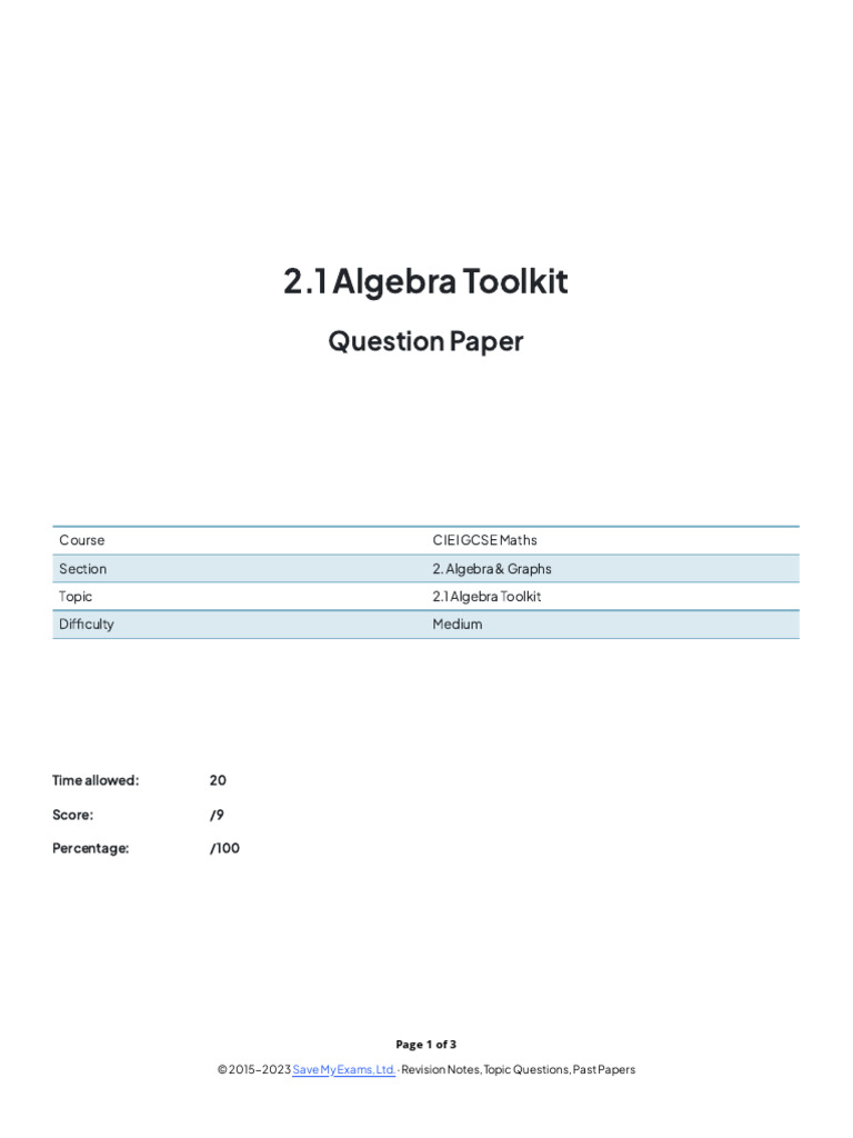 2.1 Algebra Toolkit - MEDIUM | PDF | Mathematics | Student Assessment ...