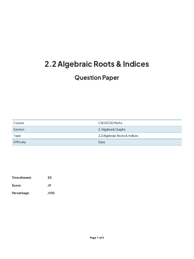 IGCSE Maths Algebra Roots & Indices Test | PDF