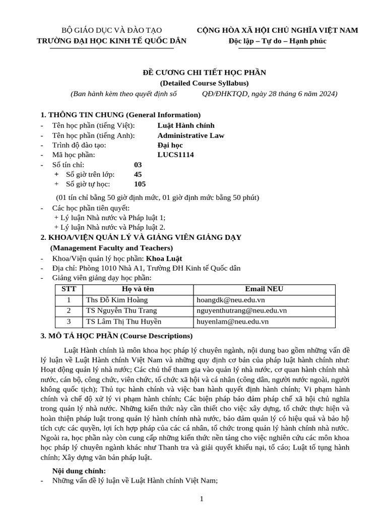 LUCS1114_luat Hanh Chinh_3 Tin Chi_de Cuong Chi Tiet_K66_2024 | PDF