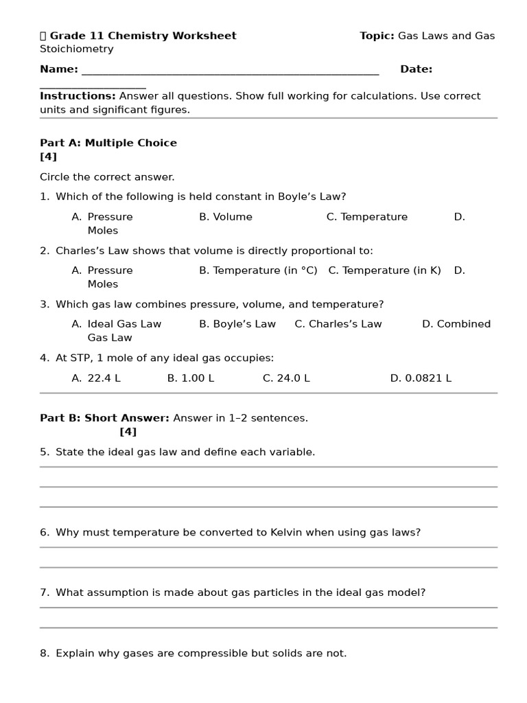 Grade 11 Gas Laws Worksheet | PDF | Gases | Mole (Unit)