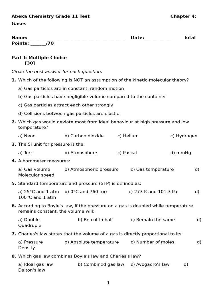 Abeka Chemistry Grade 11 Test Chapter 4_Answer Key | PDF | Gases | Pressure